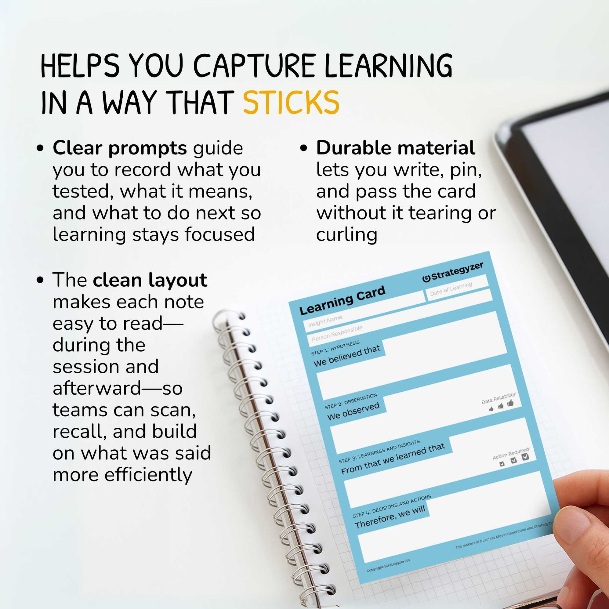 Business Model Learning Card for capturing and applying insights — Stattys